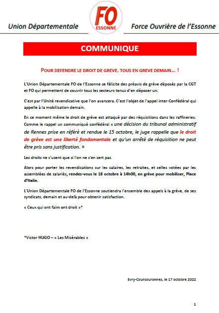POUR DEFENDRE LE DROIT DE GREVE, TOUS EN GREVE DEMAIN… ! - FO en ... POUR DEFENDRE LE DROIT DE GREVE, TOUS EN GREVE DEMAIN… ! - FO en ...